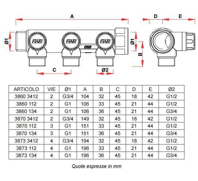 Collettore 2 vie 1 x 1/2 maschio FAR - 3860 112EU