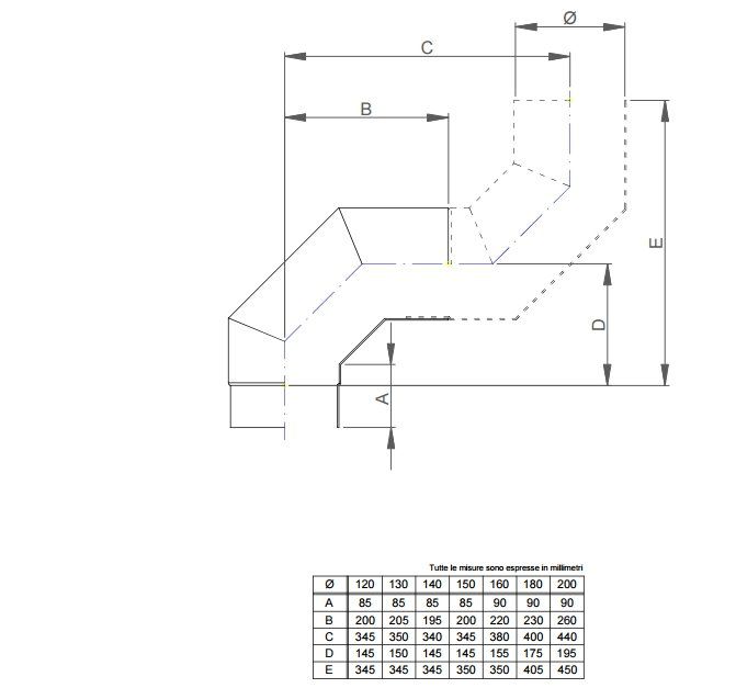 Nerone curva fumo 90° Ø 130 mm. in acciaio carbonio verniciato nero per ...
